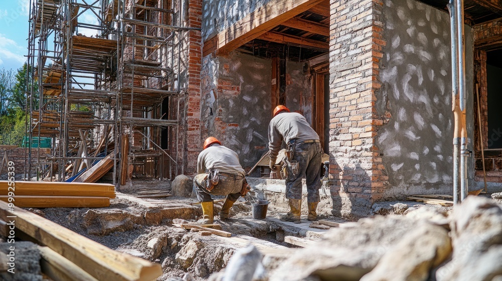Historical building restoration project, showing skilled artisans ...