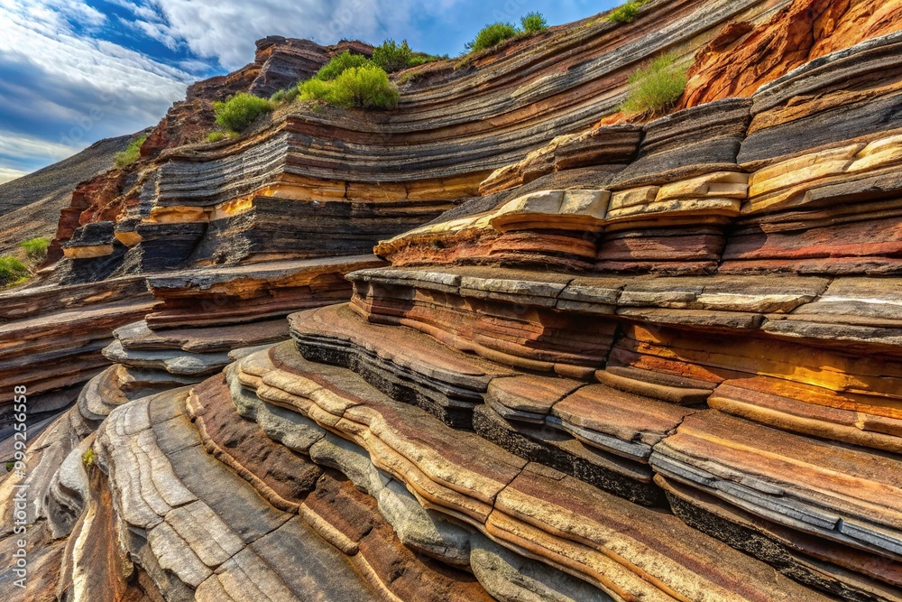 A geological formation of layered shale rock, with cracked and ...