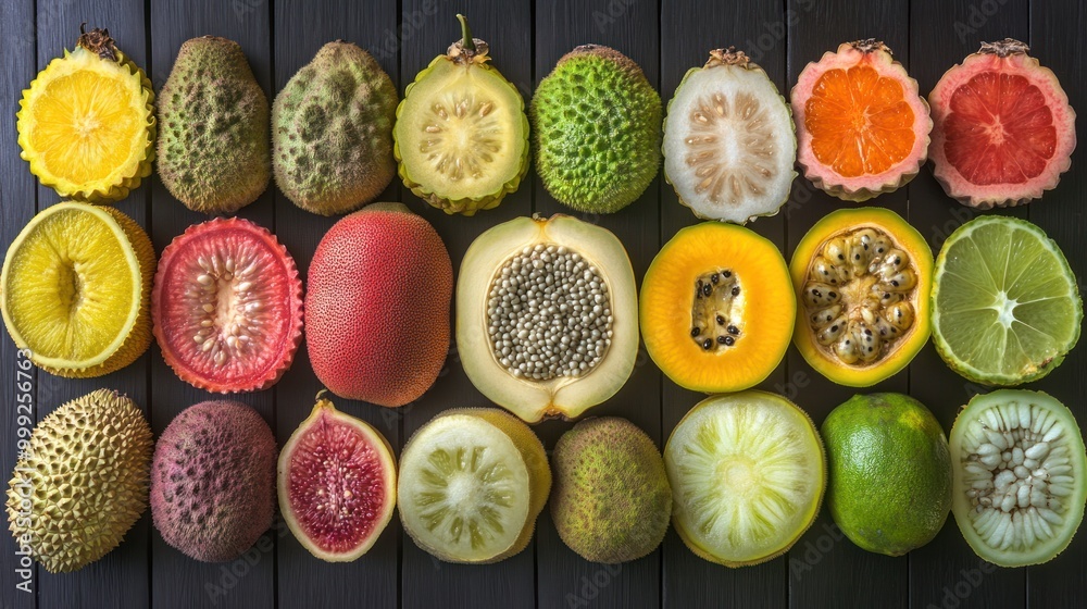 Rare fruit varieties like cherimoya, jackfruit, and finger lime, each ...