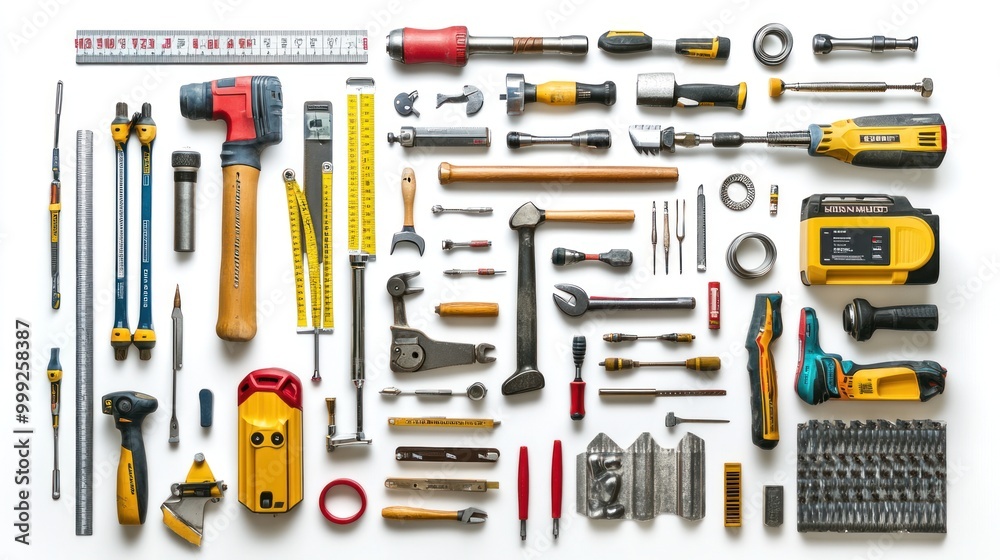 Various construction tools, from hammers and drills to measuring tapes ...