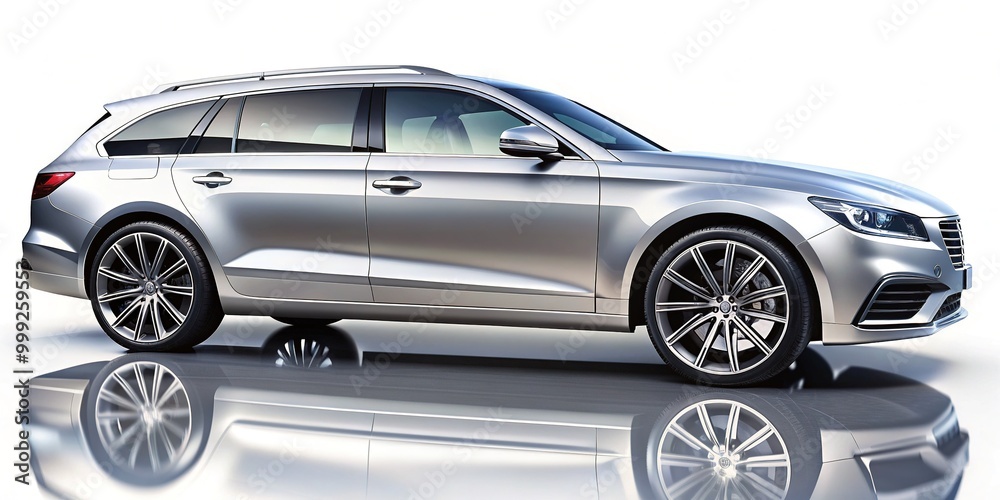 A sleek, silver station wagon parked on a white background, its curved ...