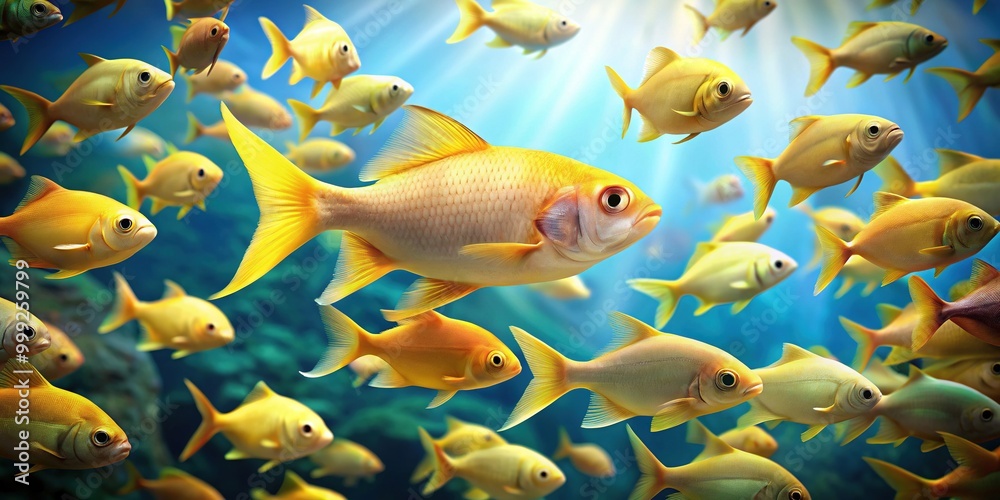 A solitary yellow fish swims against the school, symbolizing ...