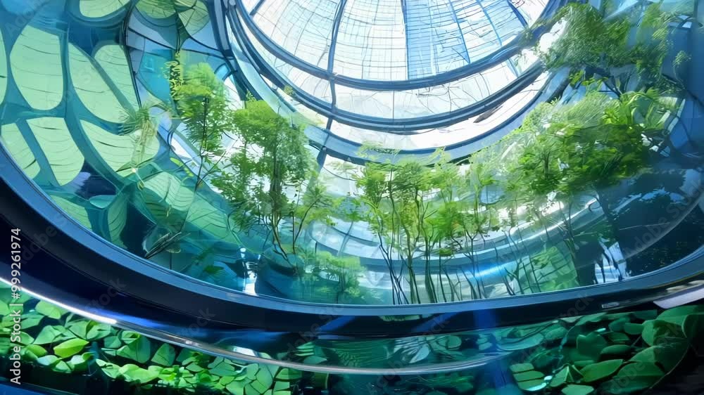 Circular glass pavilion with transparent dome ceiling. Lush aquatic ...