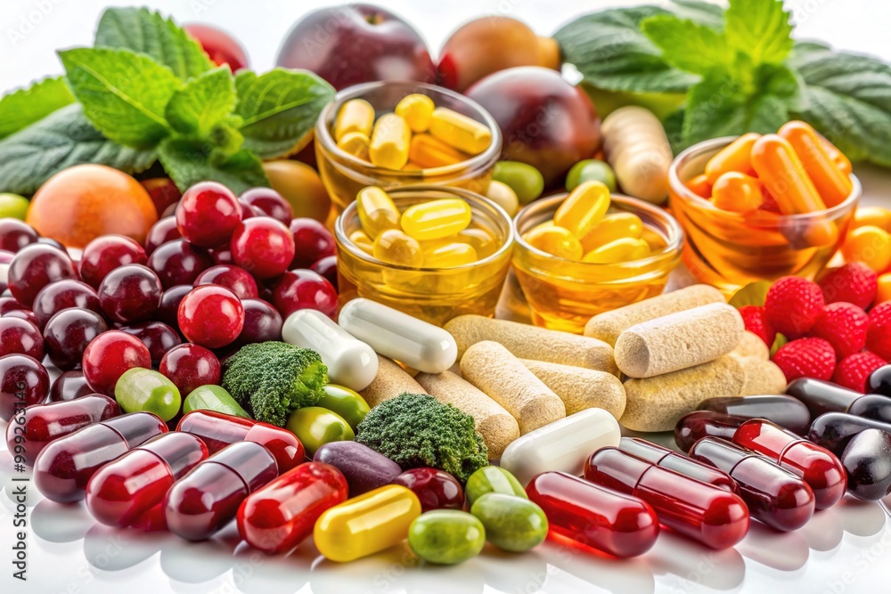 Assortment of colorful multivitamins and supplements arranged on a ...