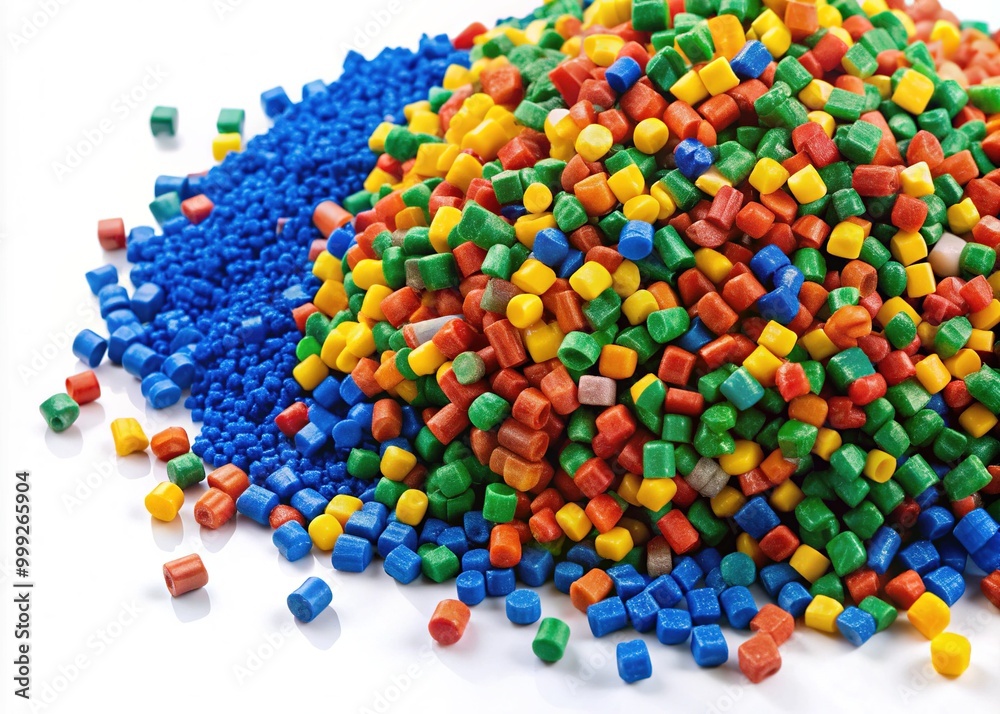 Colorful plastic regrind pellets scattered on a white background ...