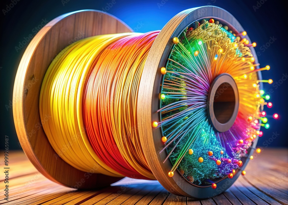 Colorful optical fiber cables wrapped around a spool, showcasing the ...