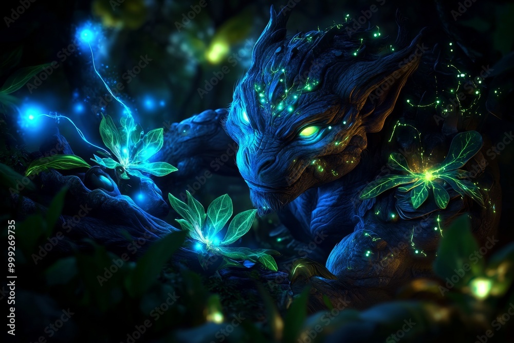 A great healer in a mystical forest, surrounded by glowing plants and ...