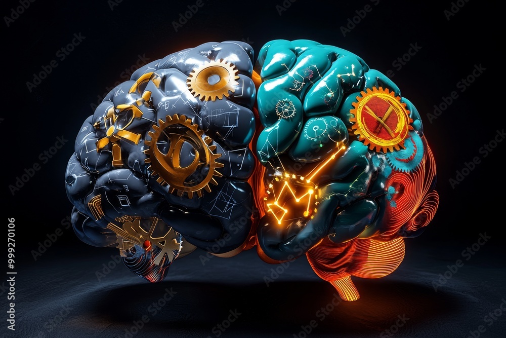 A human brain split into left and right sides, with one side showing ...