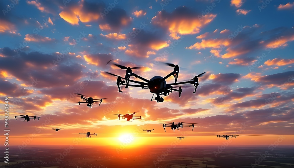 Breathtaking aerial perspective of drones in flight at sunset ...