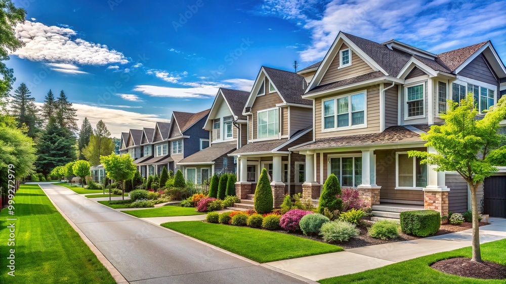 Row of modern suburban homes with similar architectural design and ...