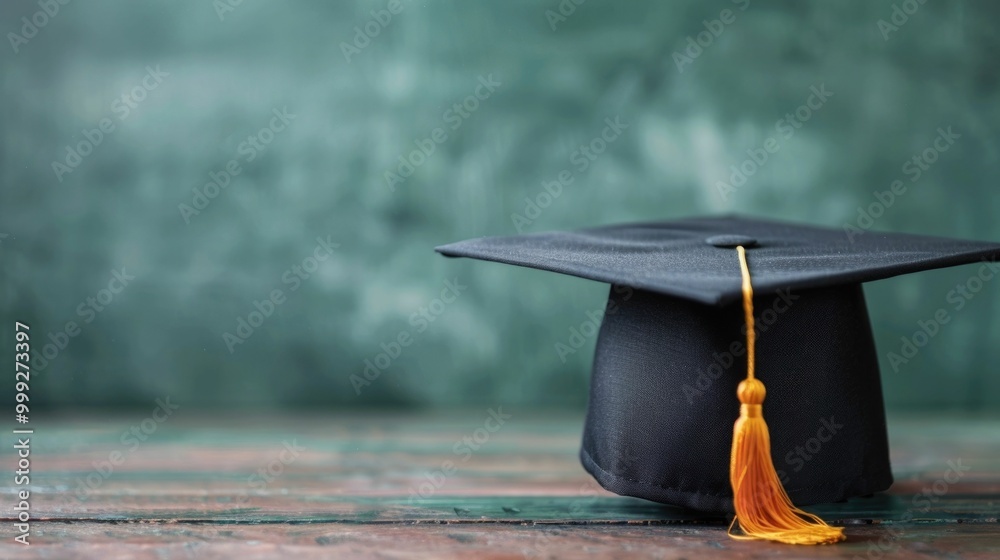 Close Up View of Black Graduation Cap with Tassel Placed on Wooden Desk ...