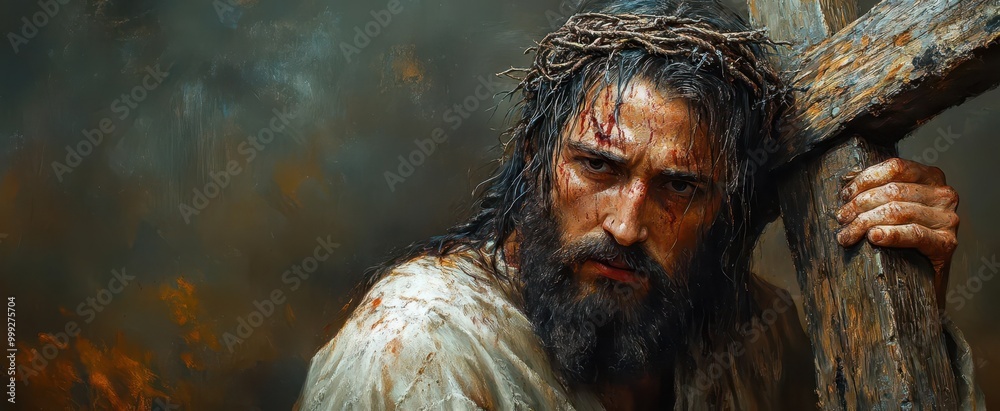 jesus christ carrying his cross to golgotha depicted with emotional ...