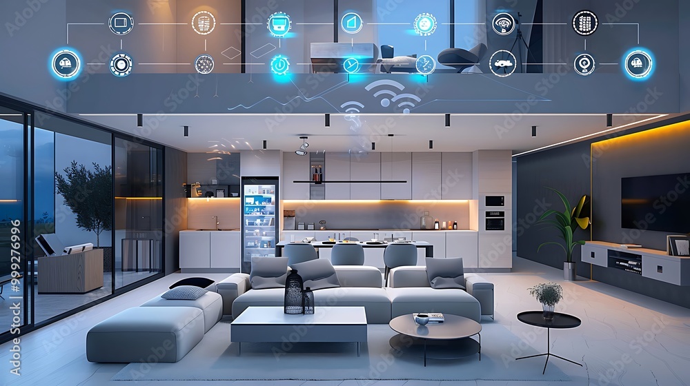 Modern stylish interior design of a smart home with connected kitchen ...