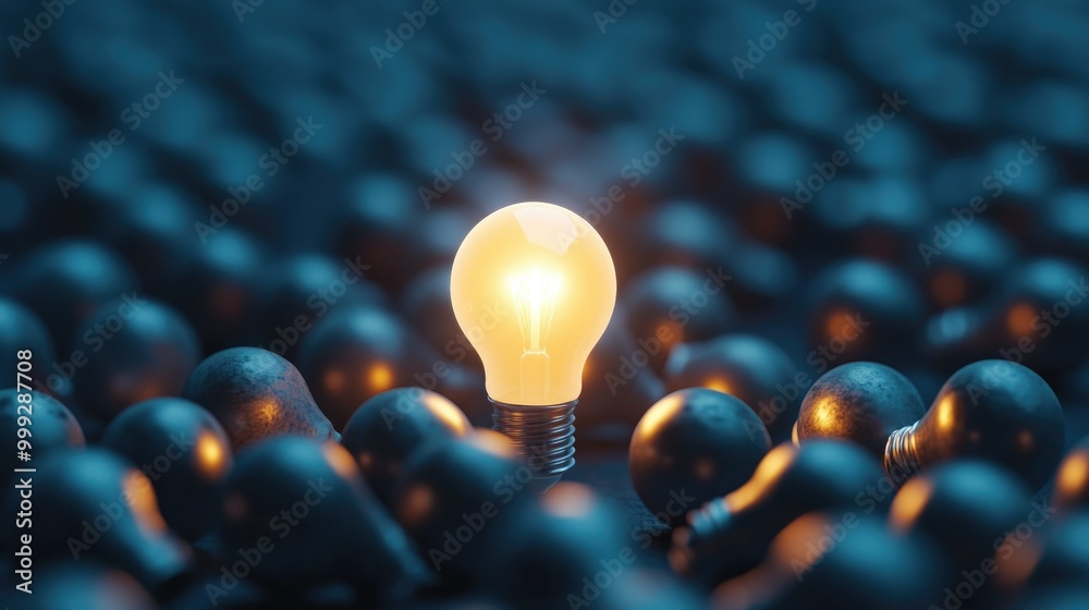 A single bright light bulb glowing amidst dim ones, symbolizing a ...