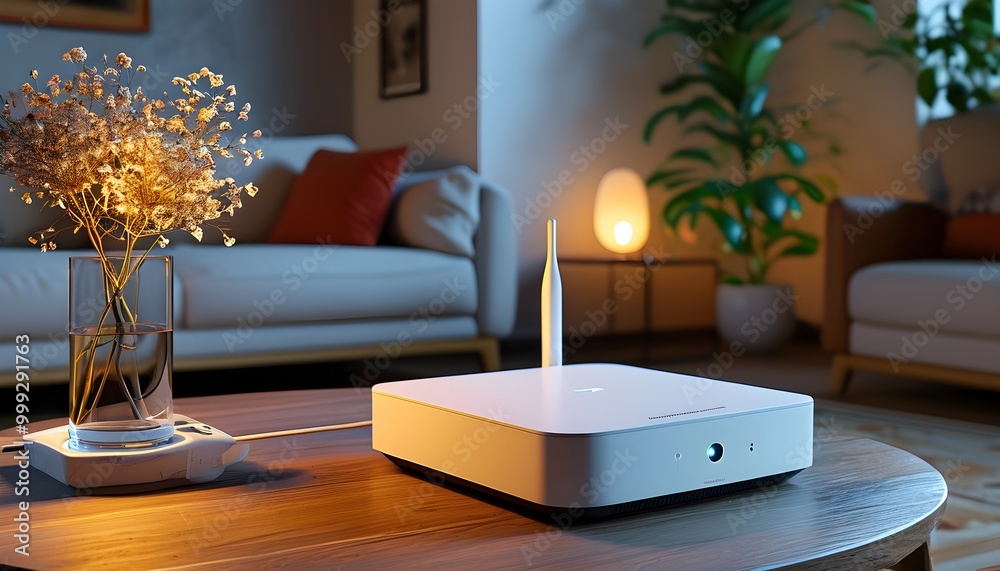 Sleek modern Wi-Fi router displayed on a light table in a contemporary ...