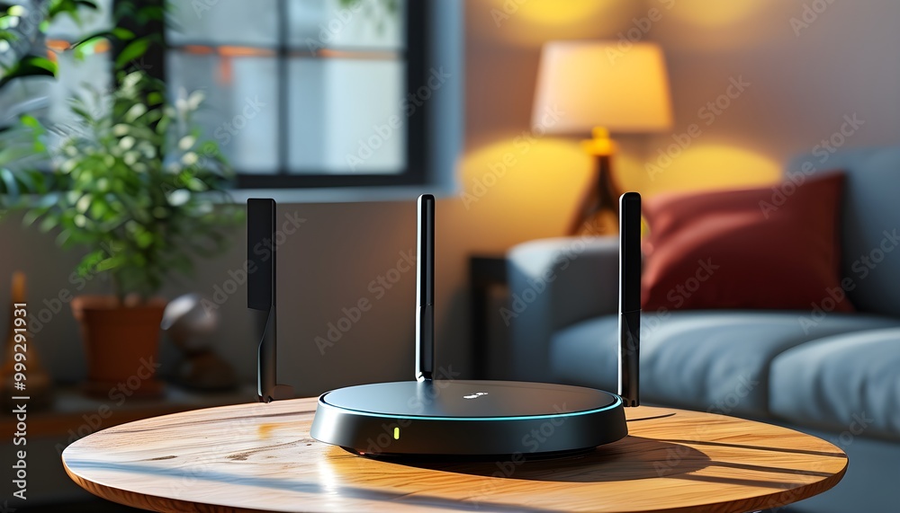 Sleek modern Wi-Fi router displayed on a light table in a contemporary ...