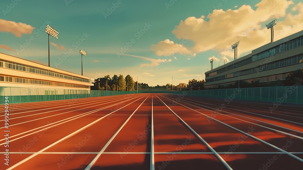 A clear view of an empty running track in an outdoor sports stadium ...