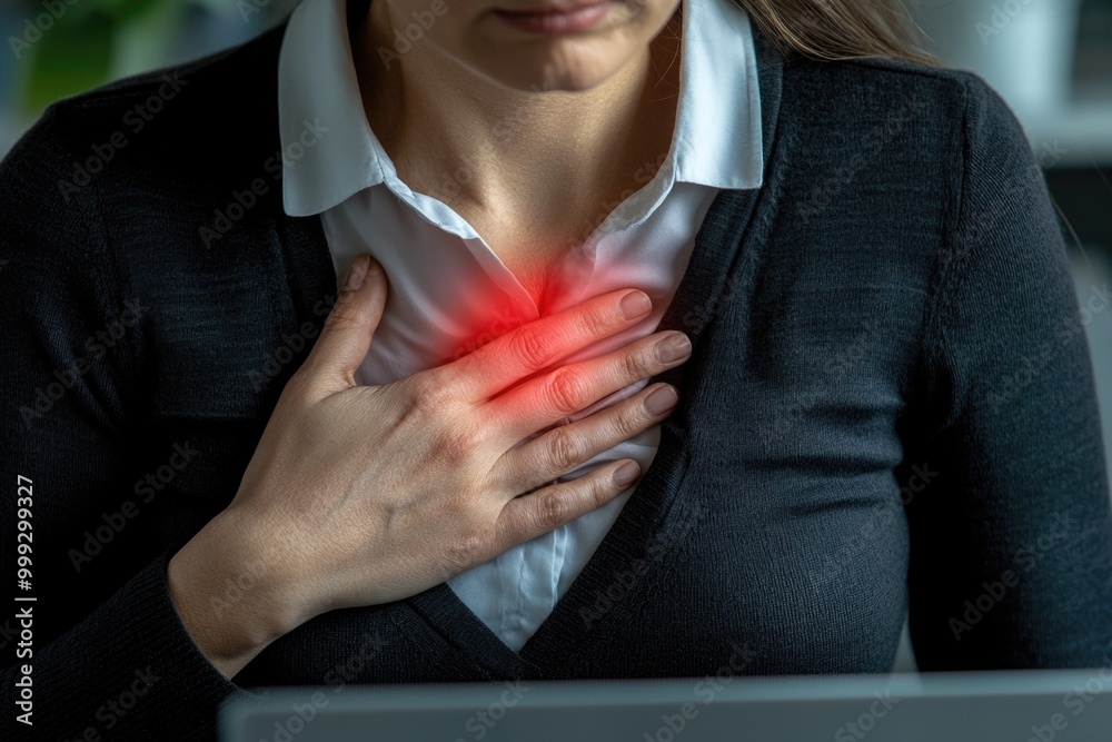 Heart attack sign: Individual holding their chest in pain, symbolizing ...