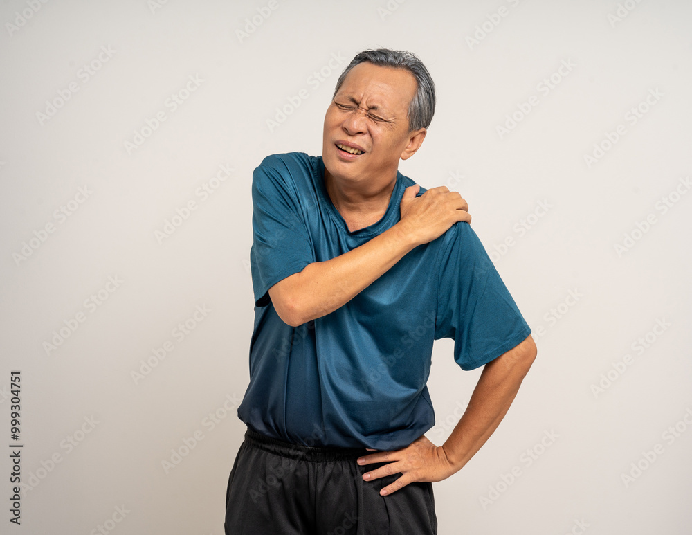 Senior asian old man with sportswear has an inflamed neck and shoulder ...