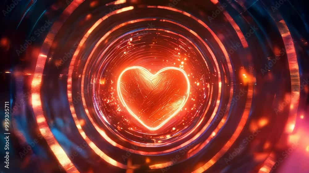 Digital art depicting a glowing heart in a vibrant cyber tunnel ...