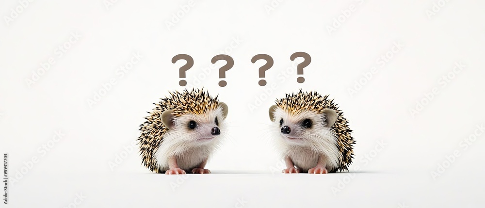 Confused Tiny Hedgehog with Question Marks on Its Back Against a Blank ...