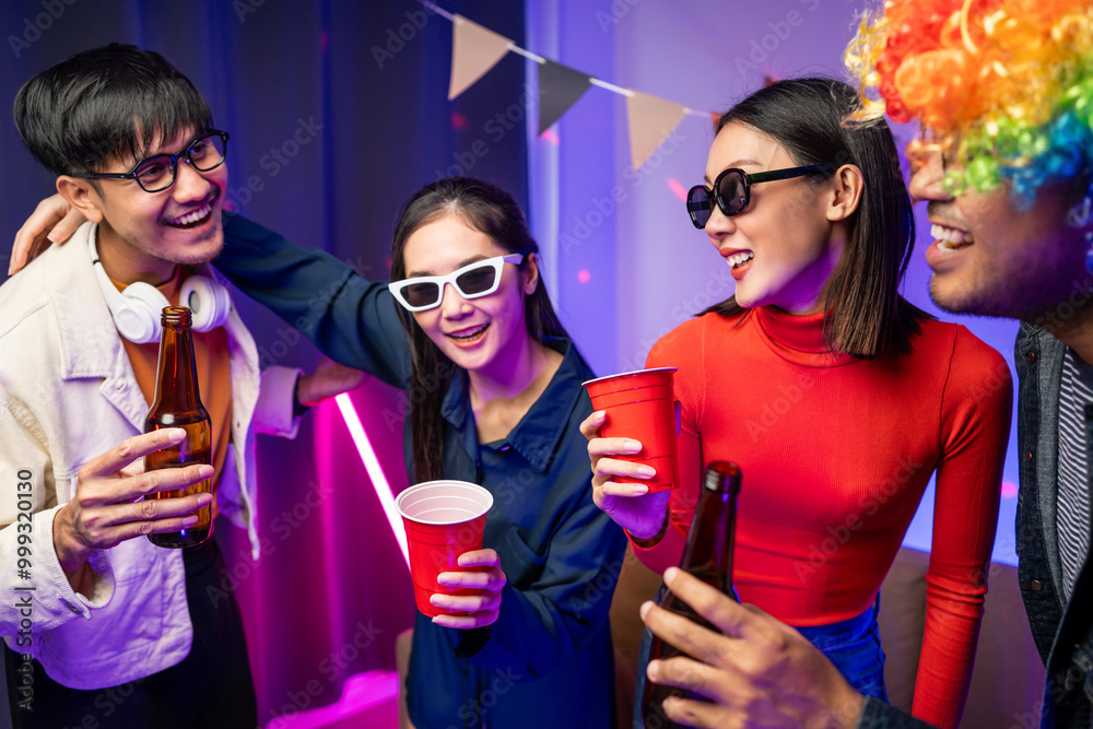 New Year's Party. Group of asian friend party in the house with disco ...