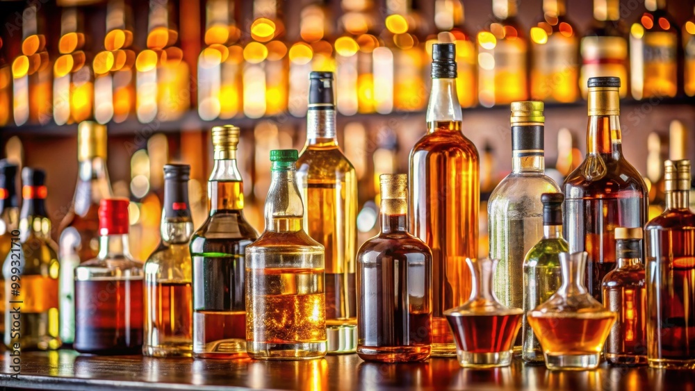 Assorted liquor bottles in a bar with focus on the foreground , bar ...