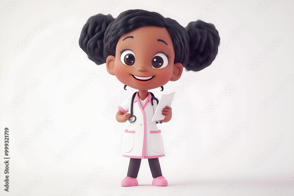 3D A cheerful cartoon girl dressed as a doctor, holding a medical chart ...