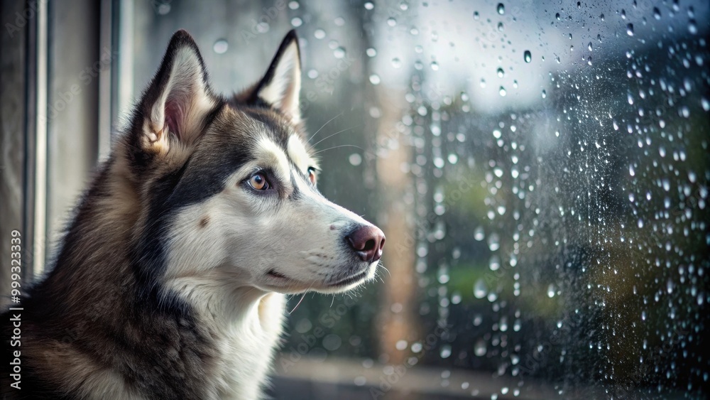 Husky dog gazing out window at reflection on rainy day, Husky, dog ...