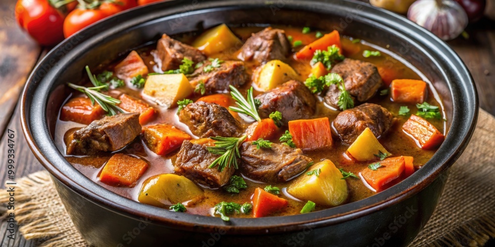 Succulent beef stew cooking in a crock pot, showcasing rich colors and ...
