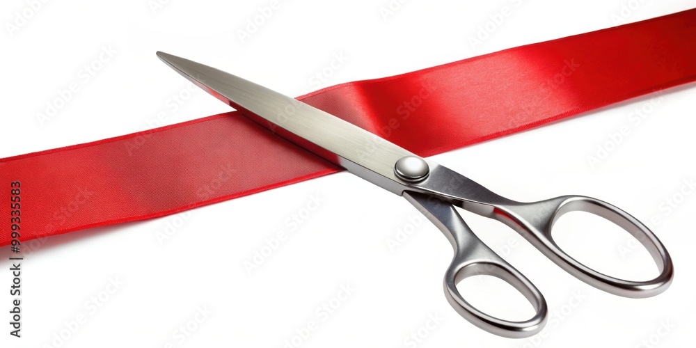 Red ribbon being cut by silver scissors, celebration, cutting, ceremony ...
