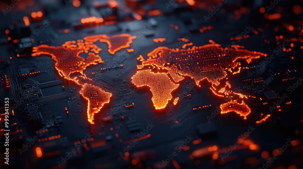 Tech geography: world map crafted from microchips, global ...