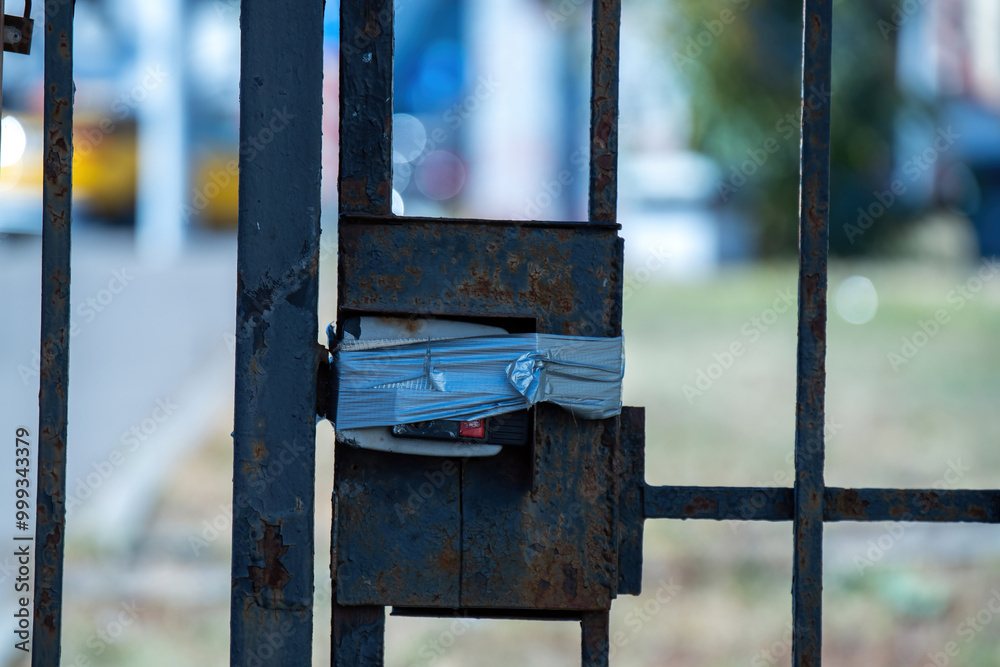 aging access control device, encased in armored tape, stands guard on a ...