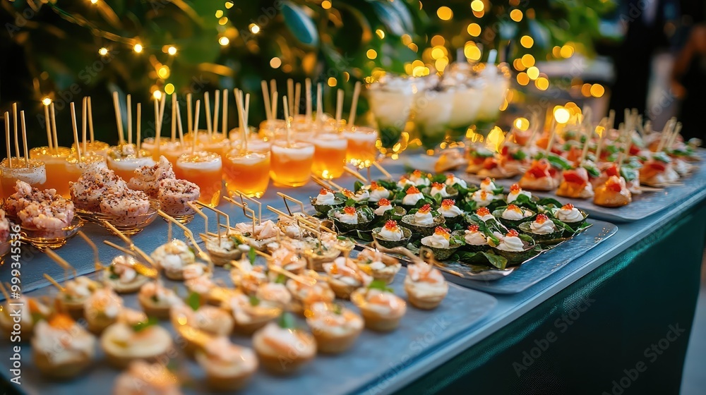 Appetizer buffet at a luxurious wedding party, with diverse canapes and ...