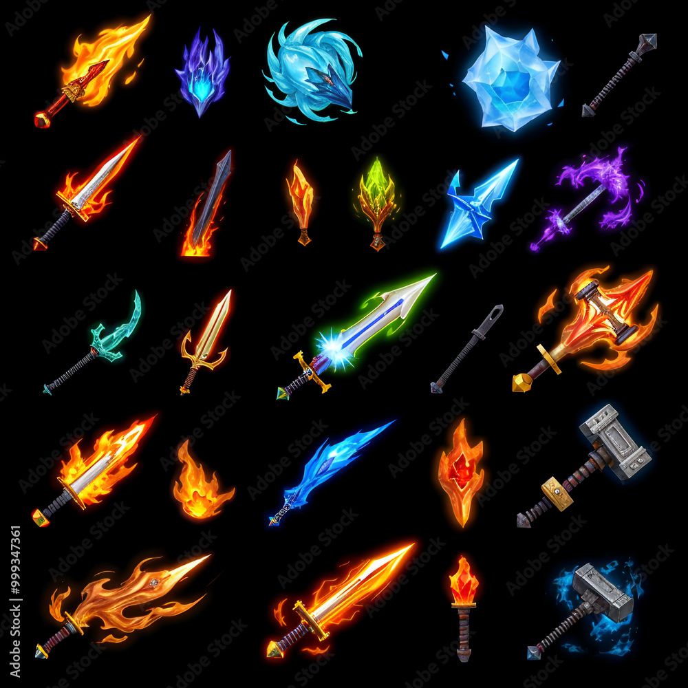 Fantasy icons with a wide range of magical swords and blazing weapons ...
