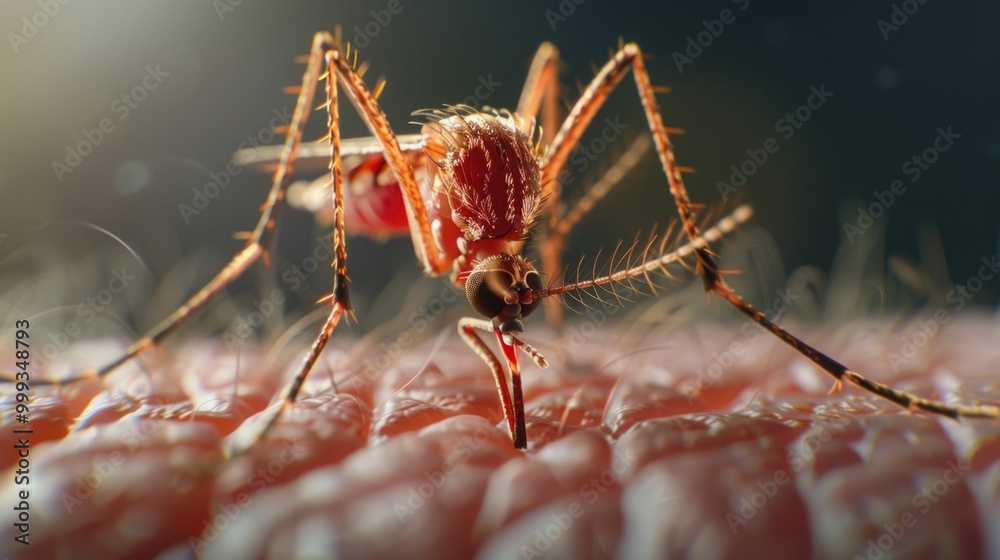 Extreme close up of a mosquito feeding on human skin highlighting the ...