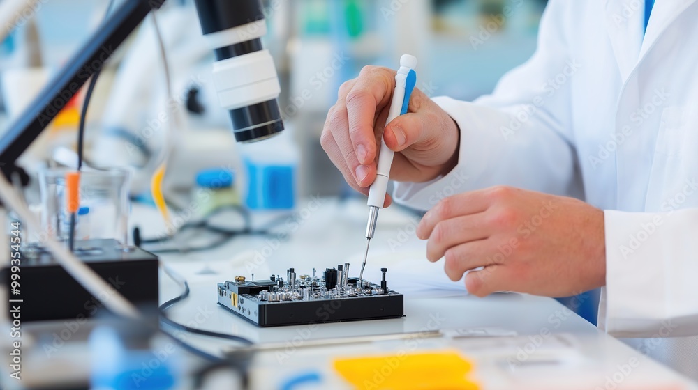 Skilled technician holding precision screwdriver, meticulously ...