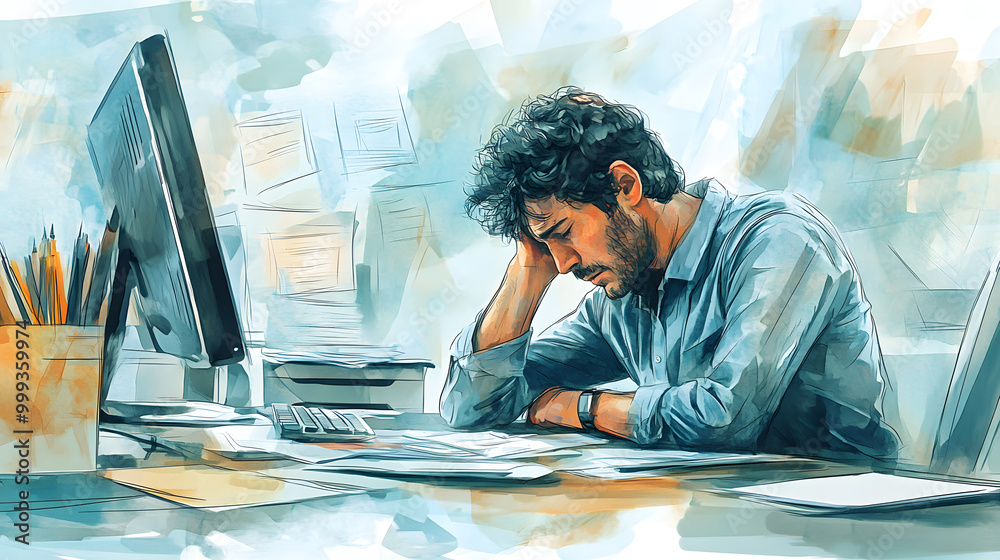 Messy office desk working man stressed frustration overwhelm burnout ...