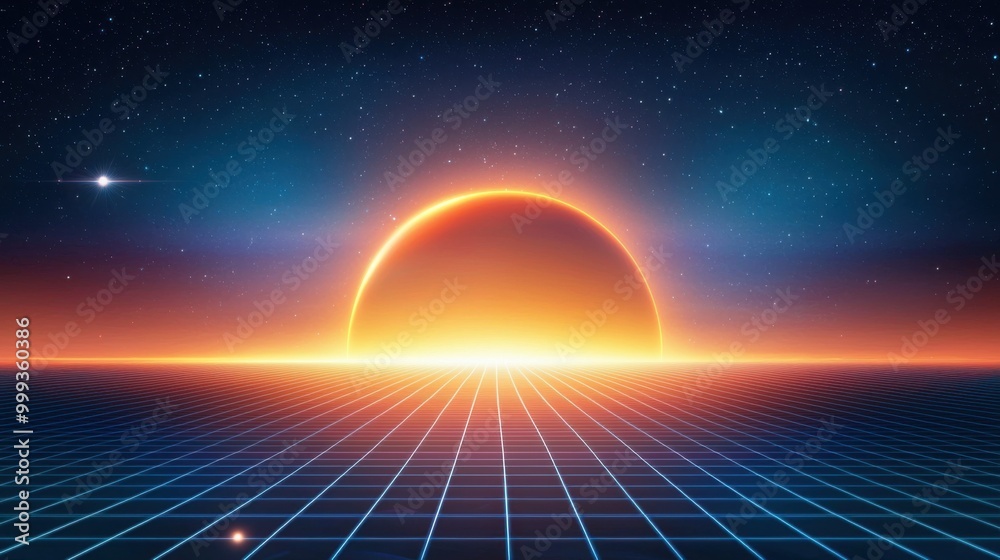 Retro futuristic space scene with planets glowing stars and digital ...