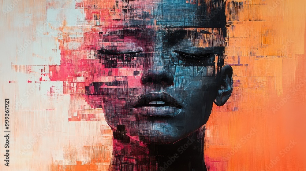 Abstract portraits with pixelated faces and distorted features blending ...