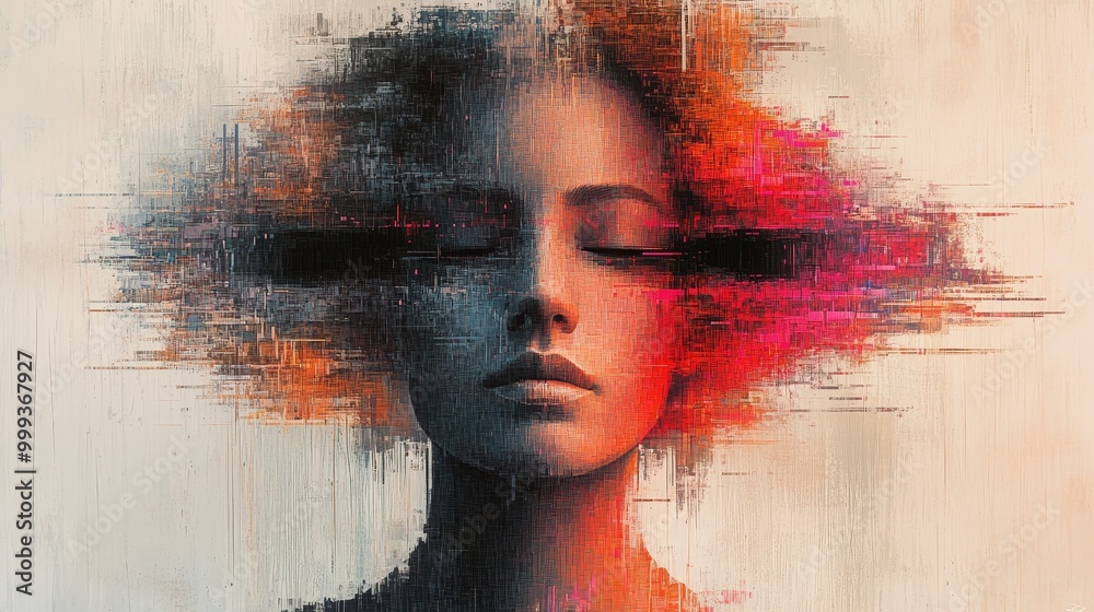 Abstract portraits with pixelated faces and distorted features blending ...