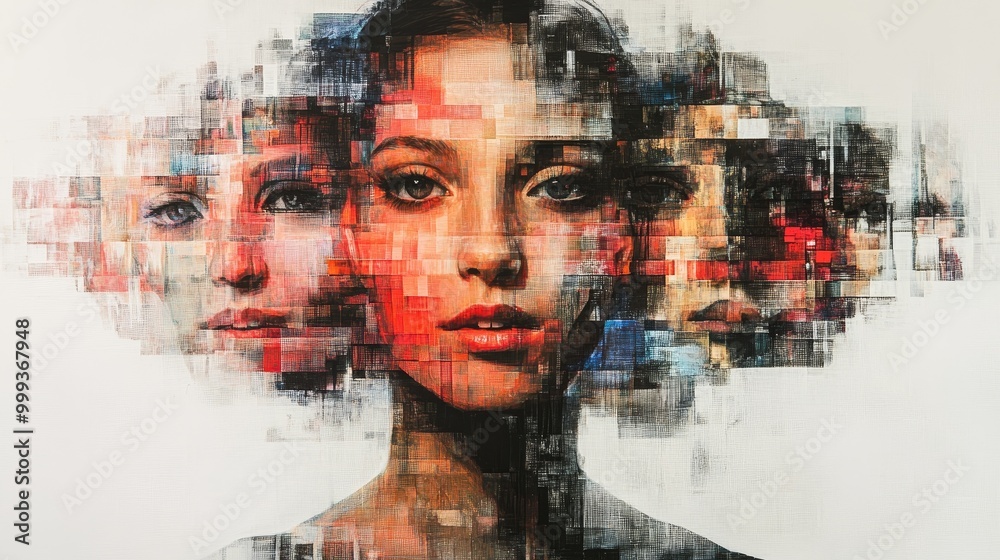 Abstract portraits with pixelated faces and distorted features blending ...