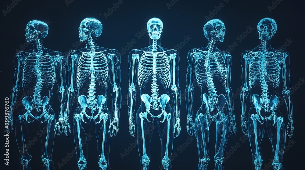 Front, back, and side views of human skeleton on dark background ...