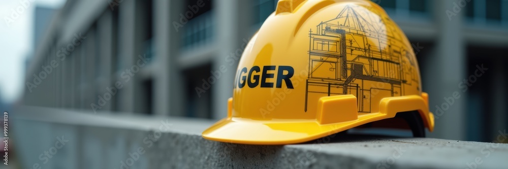 A close-up of a yellow hard hat labeled "DIGGER," resting on a concrete ...
