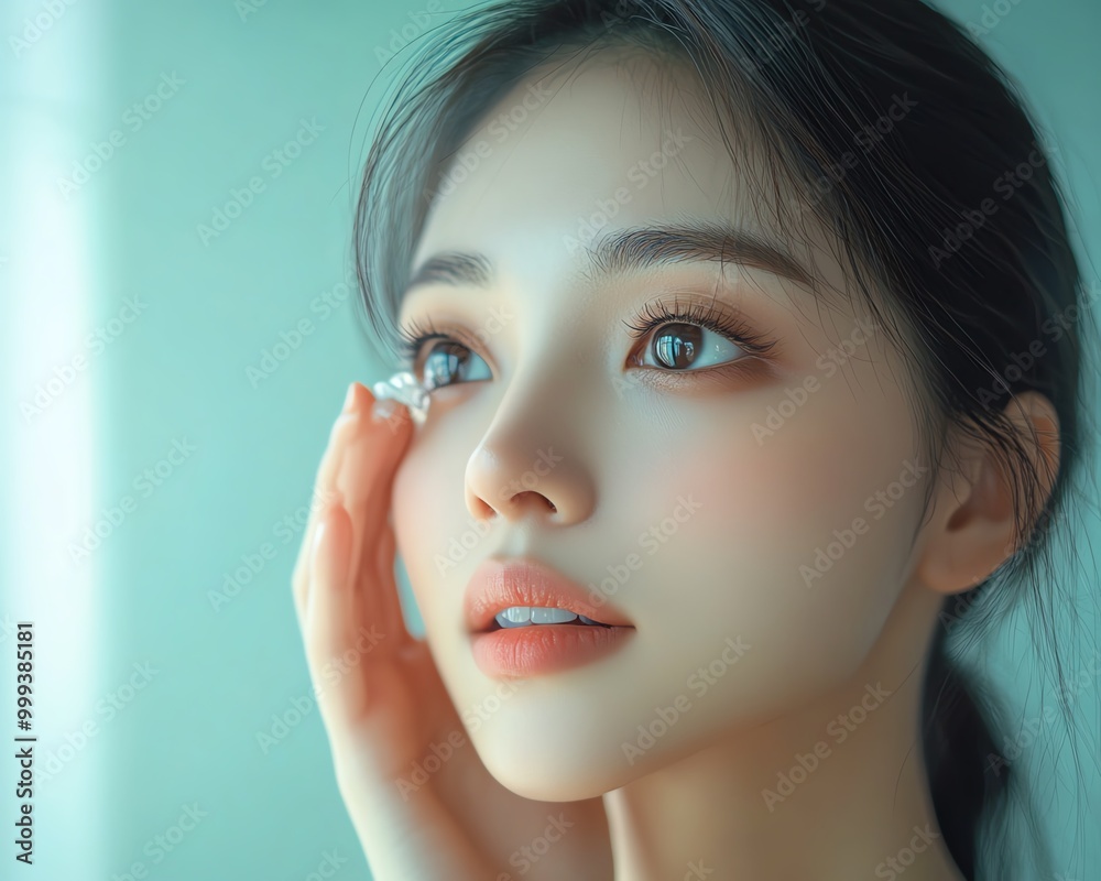 Health care concept with Asian woman applying eye drops, managing dry ...