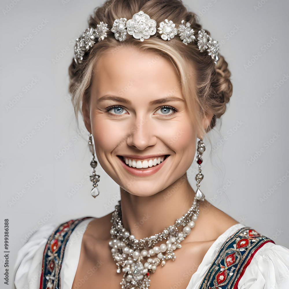 Beautiful Nordic woman on traditional clothes and jewelries smiling to ...