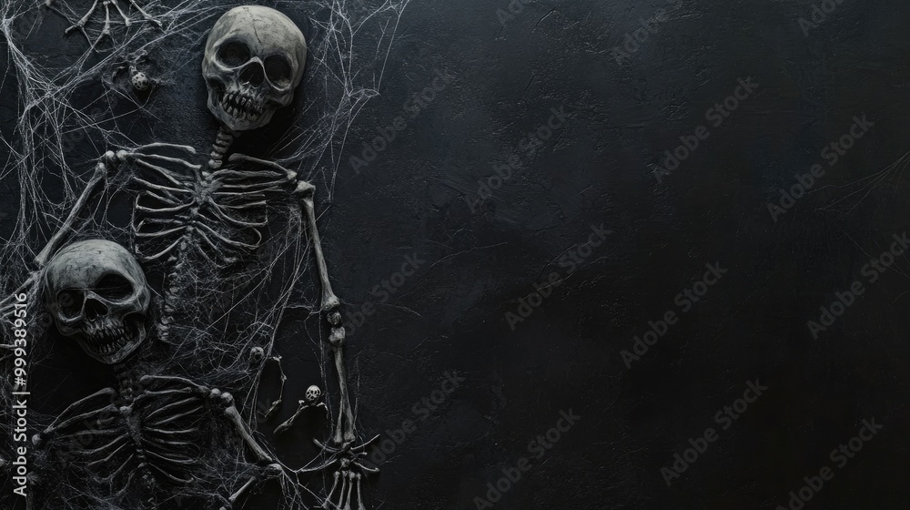 Halloween themed design with cobwebs skeletons and spiders on a dark ...