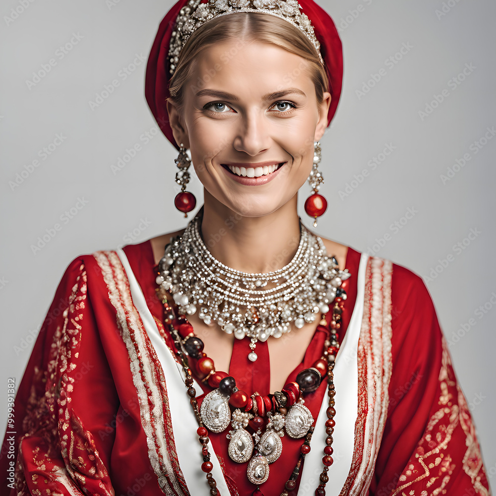 Beautiful Nordic woman on traditional clothes and jewelries smiling to ...