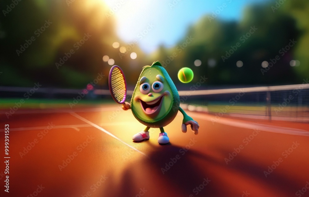 An avocado-shaped character with a smiling face holds a tennis racket ...