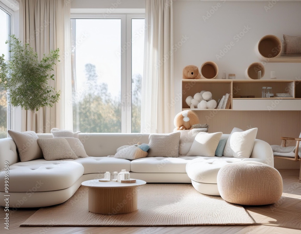 Child-safe living room with rounded furniture edges and soft rugs for a ...